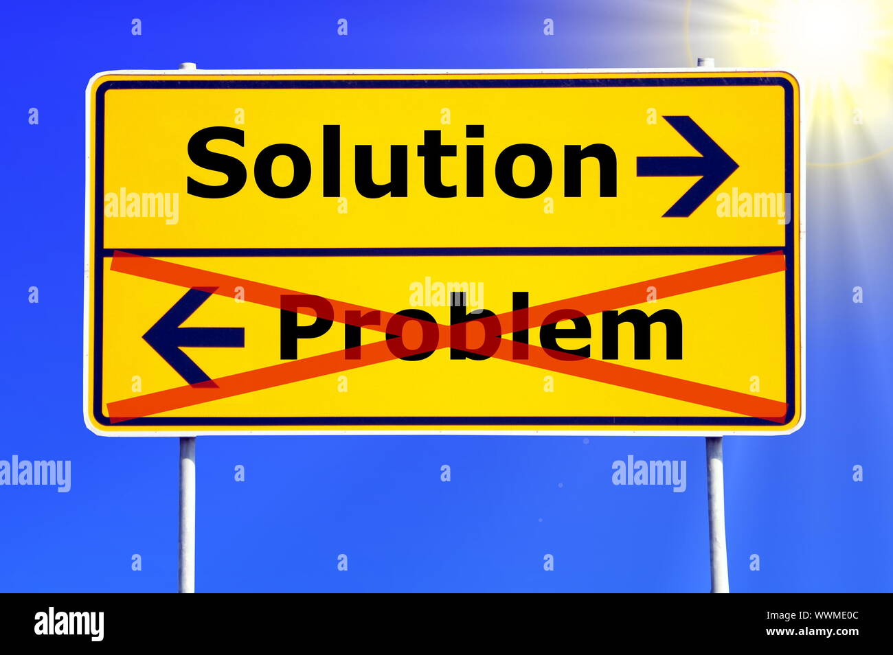 problem and solution concept with yellow road sign Stock Photo - Alamy