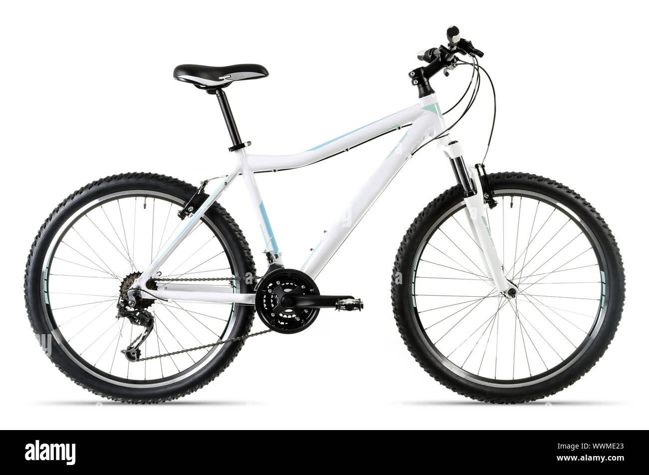 white mountain bike on a white background Stock Photo - Alamy