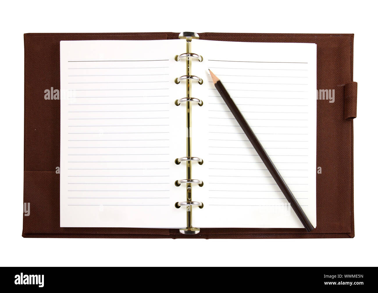 Brown canvas binder notebook with pencil isolated on white Stock Photo ...