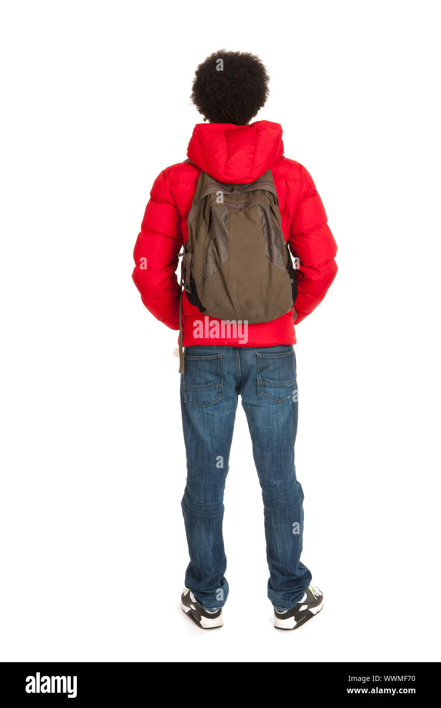 Black school boy in red coat wit backpack on back side Stock Photo - Alamy