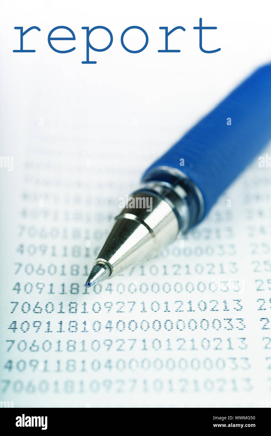 Macro view of blue pen on a report with many digits Stock Photo - Alamy