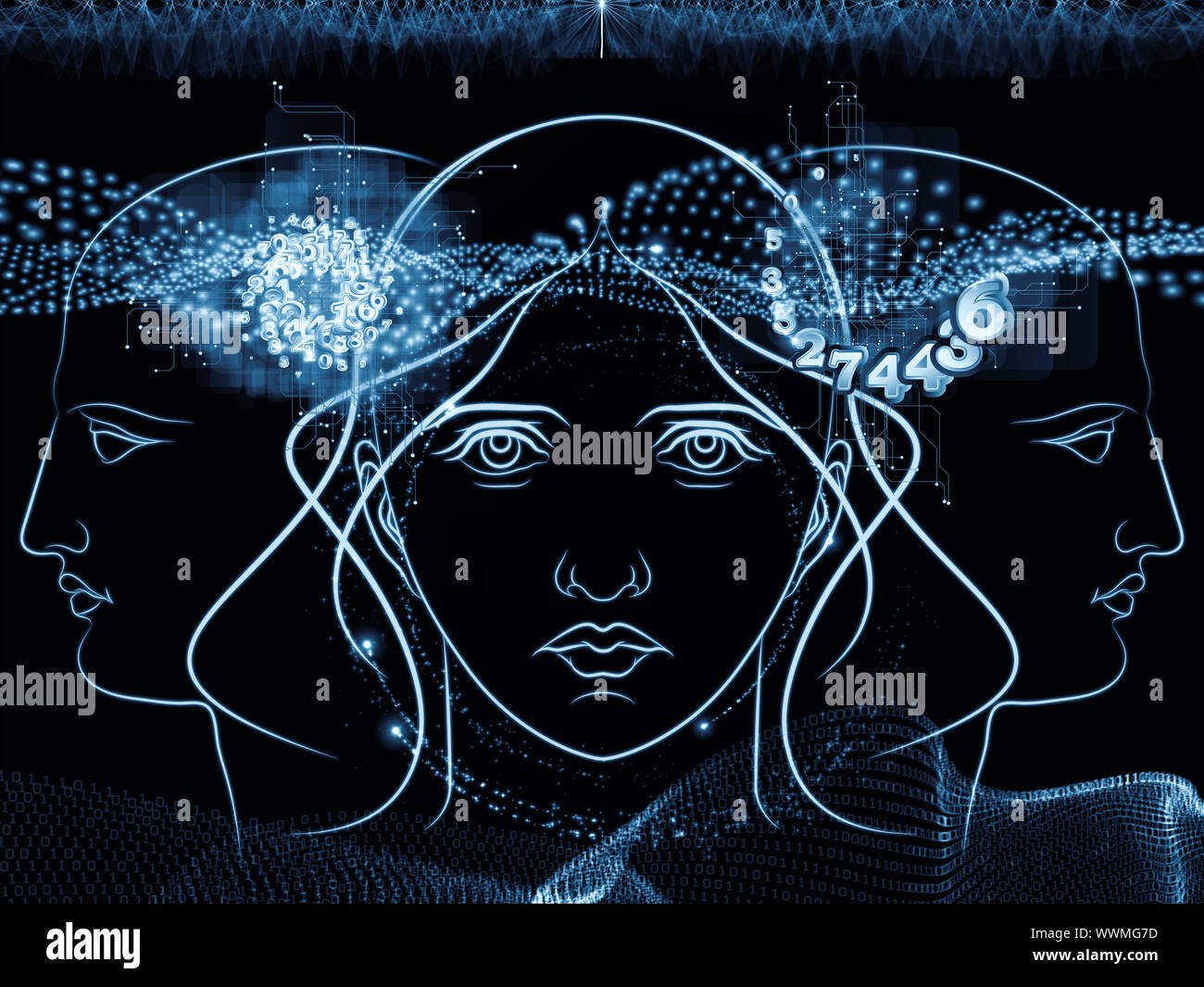 Composition of human head outlines, lights, numbers and abstract design ...