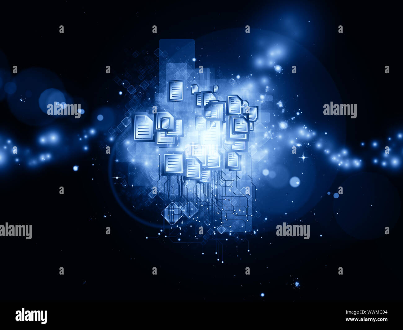 Backdrop composed of document symbols, lights and abstract technology ...