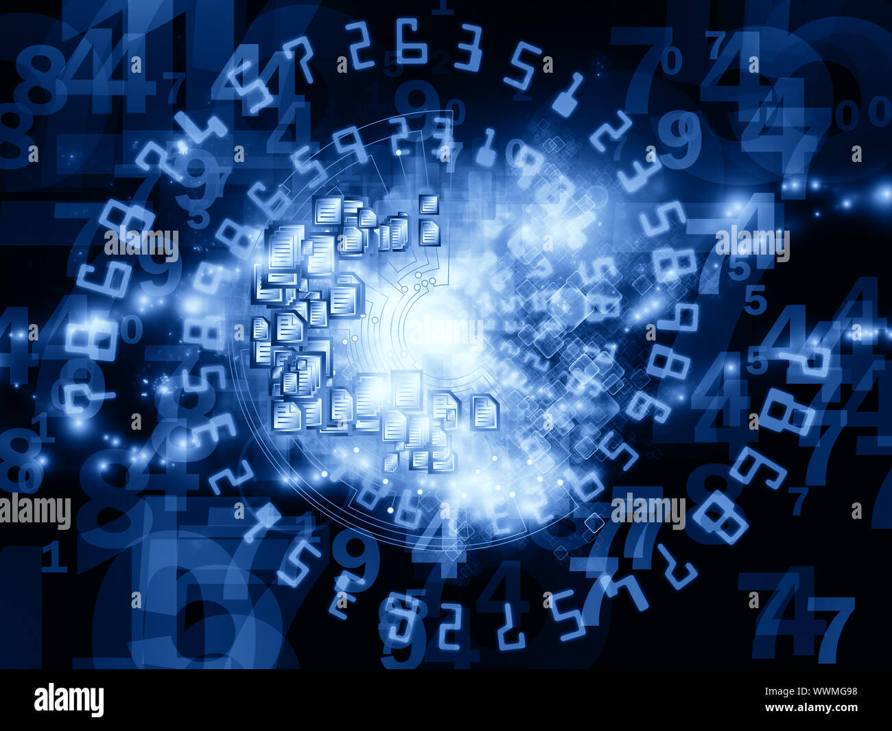 Composition of document symbols, lights and abstract technology ...