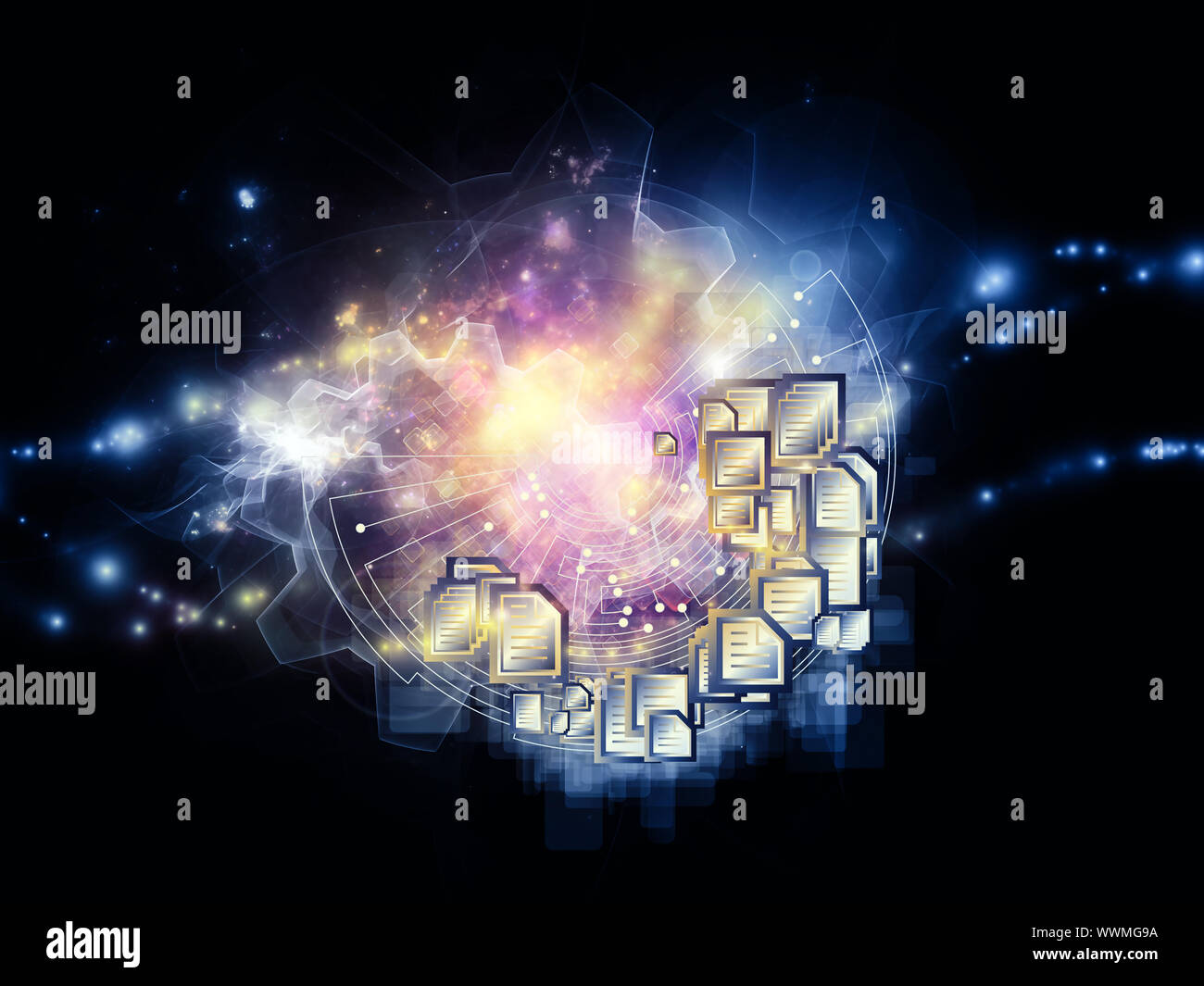 Composition of document symbols, lights and abstract technology ...