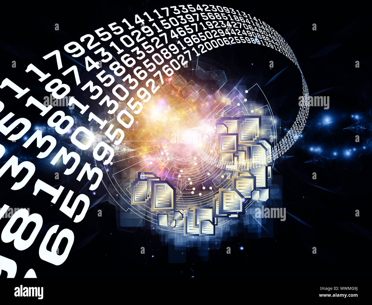 Composition of document symbols, lights and abstract technology ...