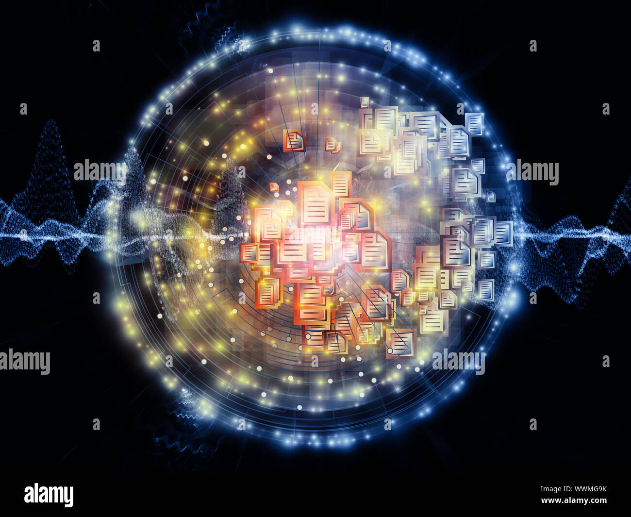 Arrangement of document symbols, lights and abstract technology ...