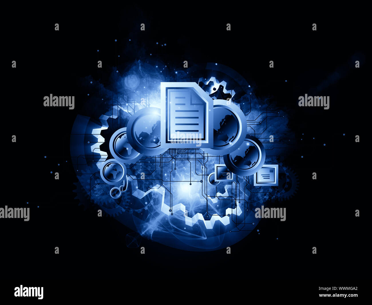 Communication symbols, gears and abstract design elements arrangement ...