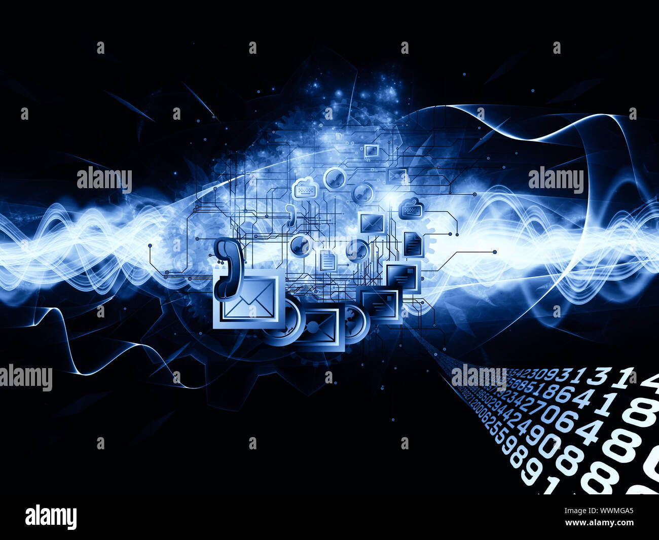 Interplay of communication symbols, gears and abstract design elements ...