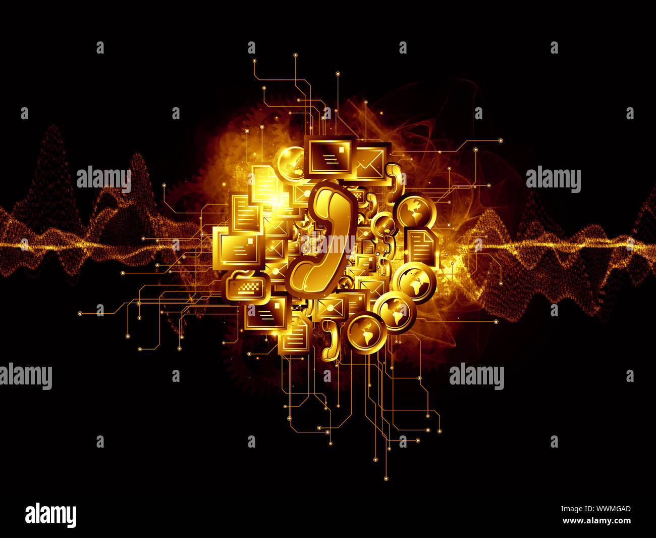 Composition of communication symbols, gears and abstract design ...