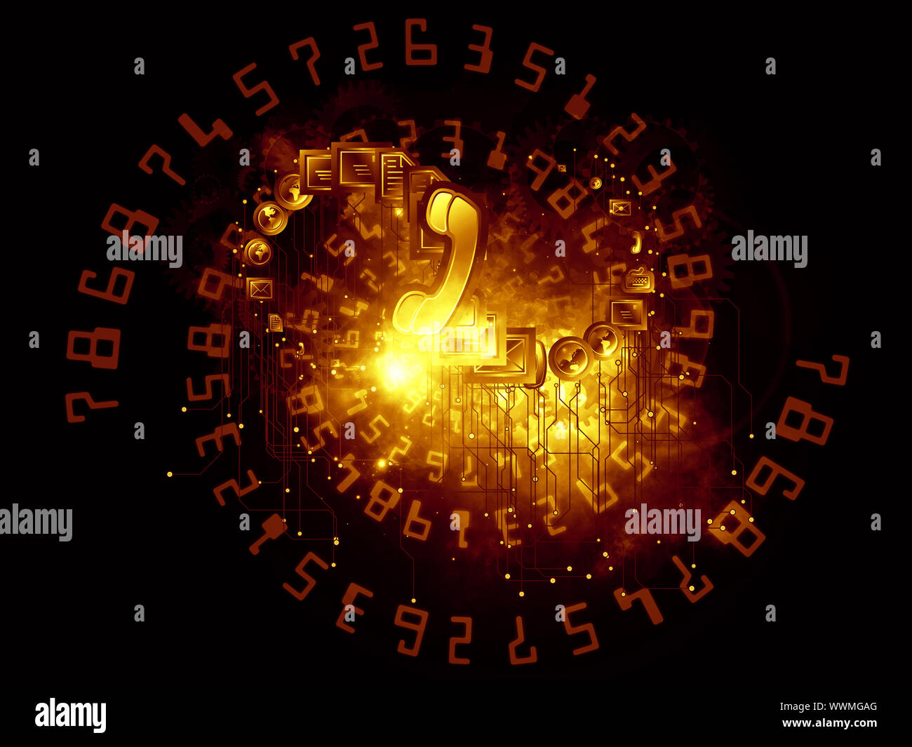 Composition of communication symbols, gears and abstract design ...