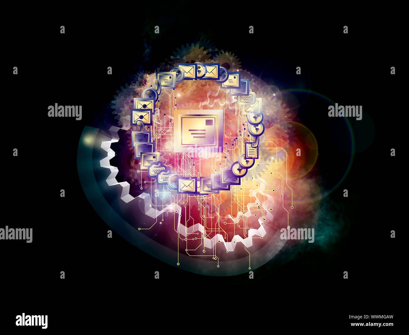 Abstract design made of communication symbols, gears and abstract ...
