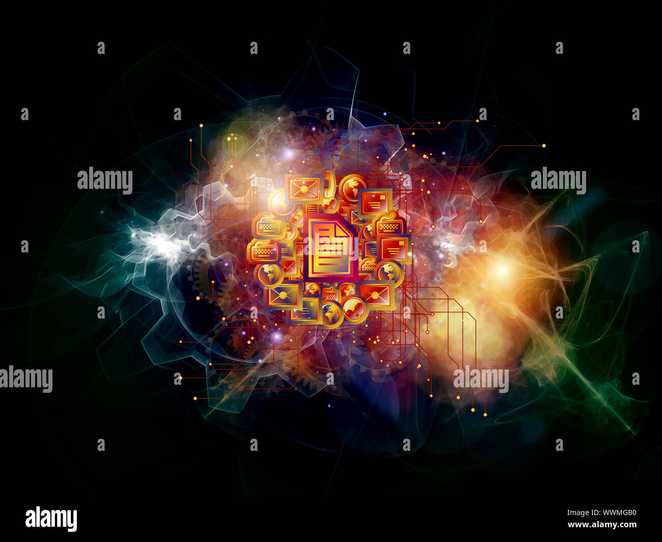 Backdrop composed of communication symbols, gears and abstract design ...