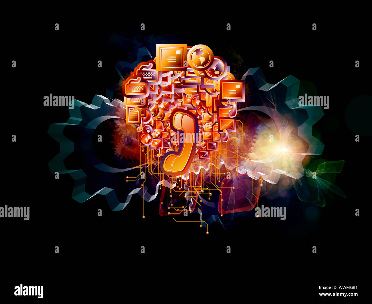 Design composed of communication symbols, gears and abstract design ...