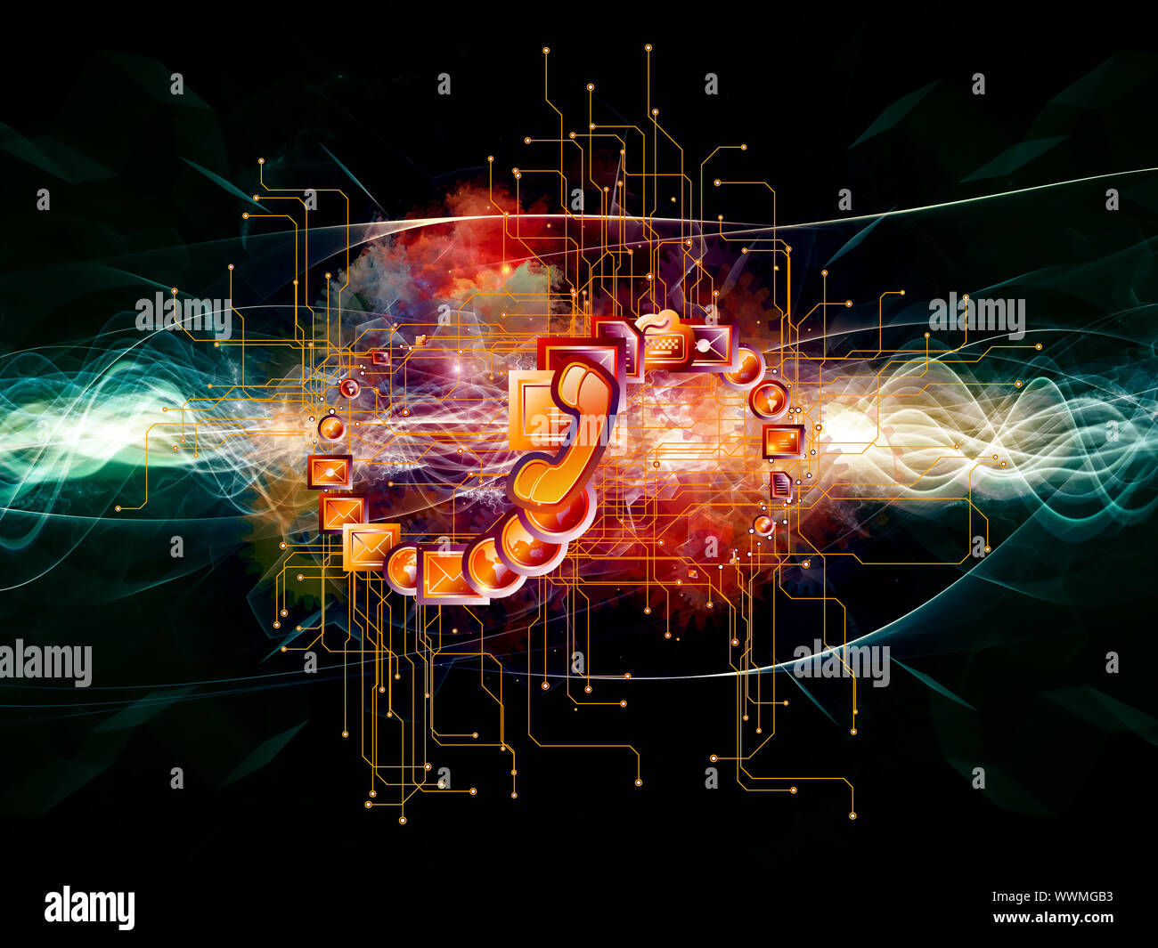 Composition of communication symbols, gears and abstract design ...