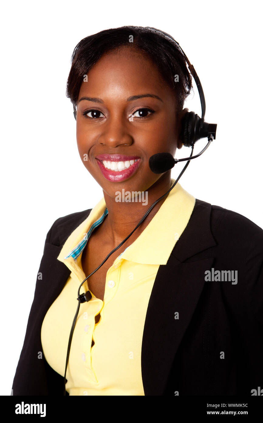 Beautiful happy smiling African business woman customer service ...