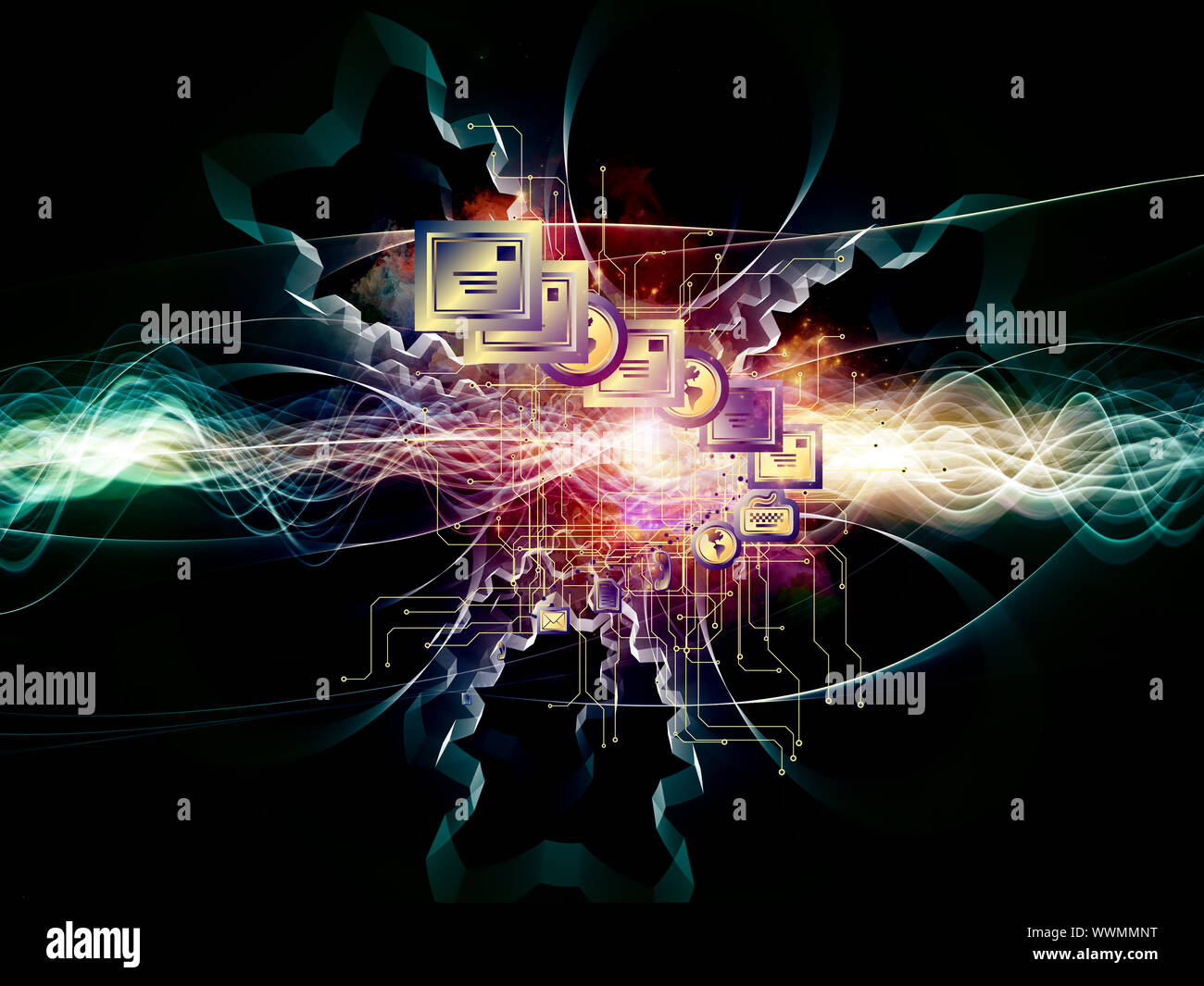 Composition of communication symbols, gears and abstract design ...