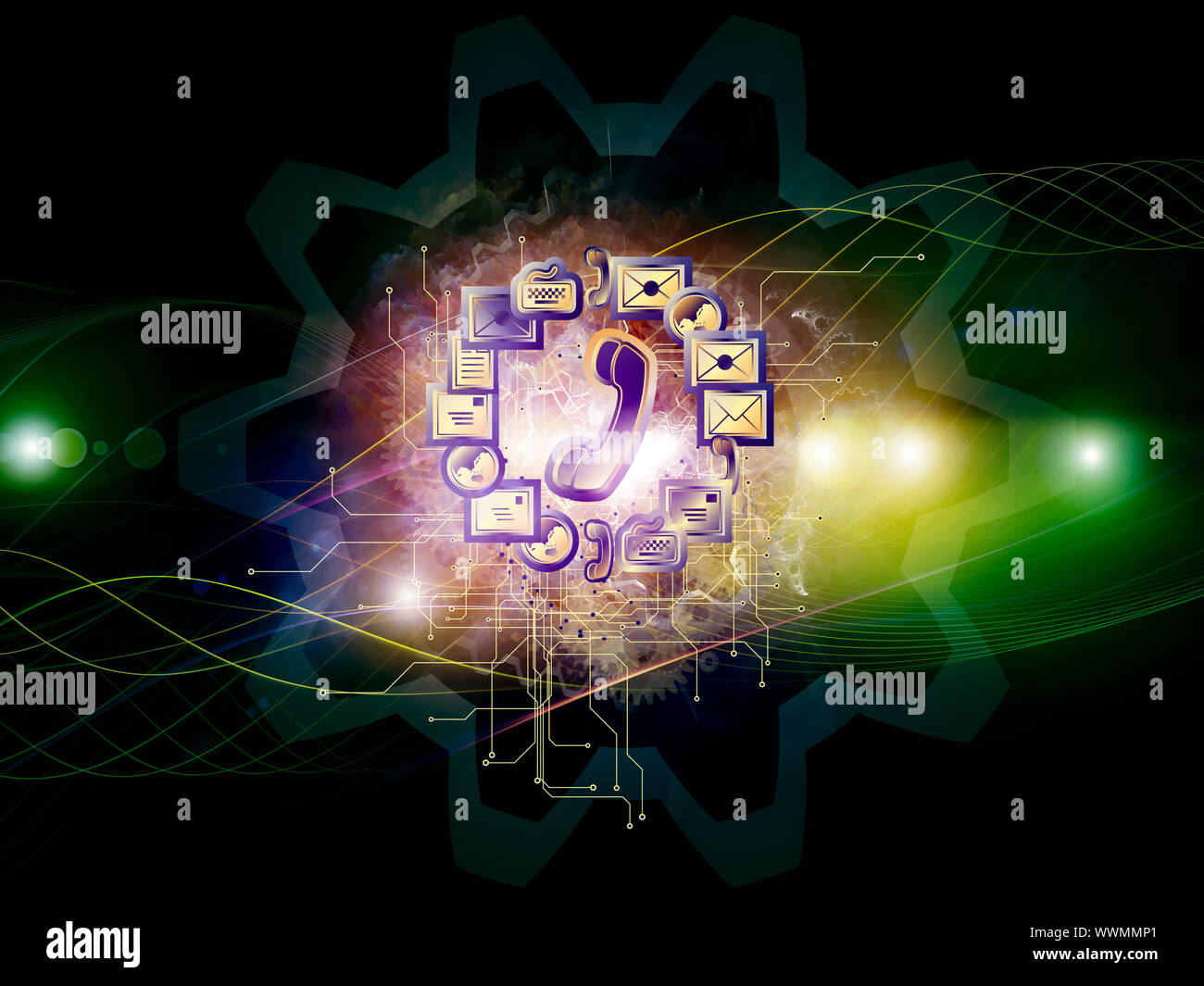 Composition of communication symbols, gears and abstract design ...