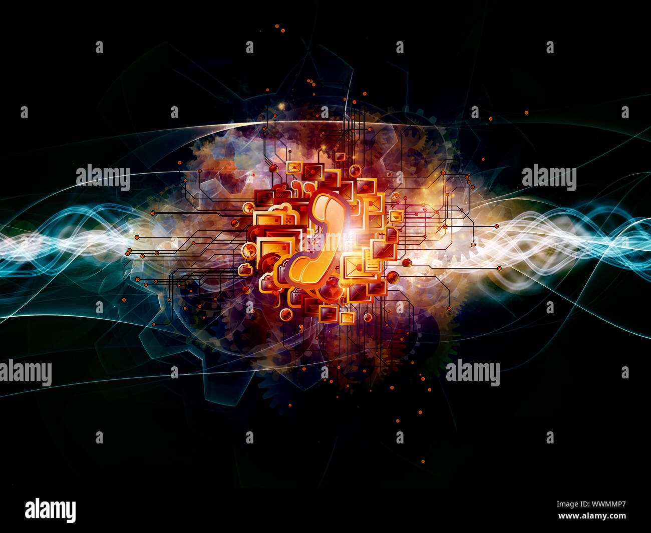 Background design of communication symbols, gears and abstract design ...