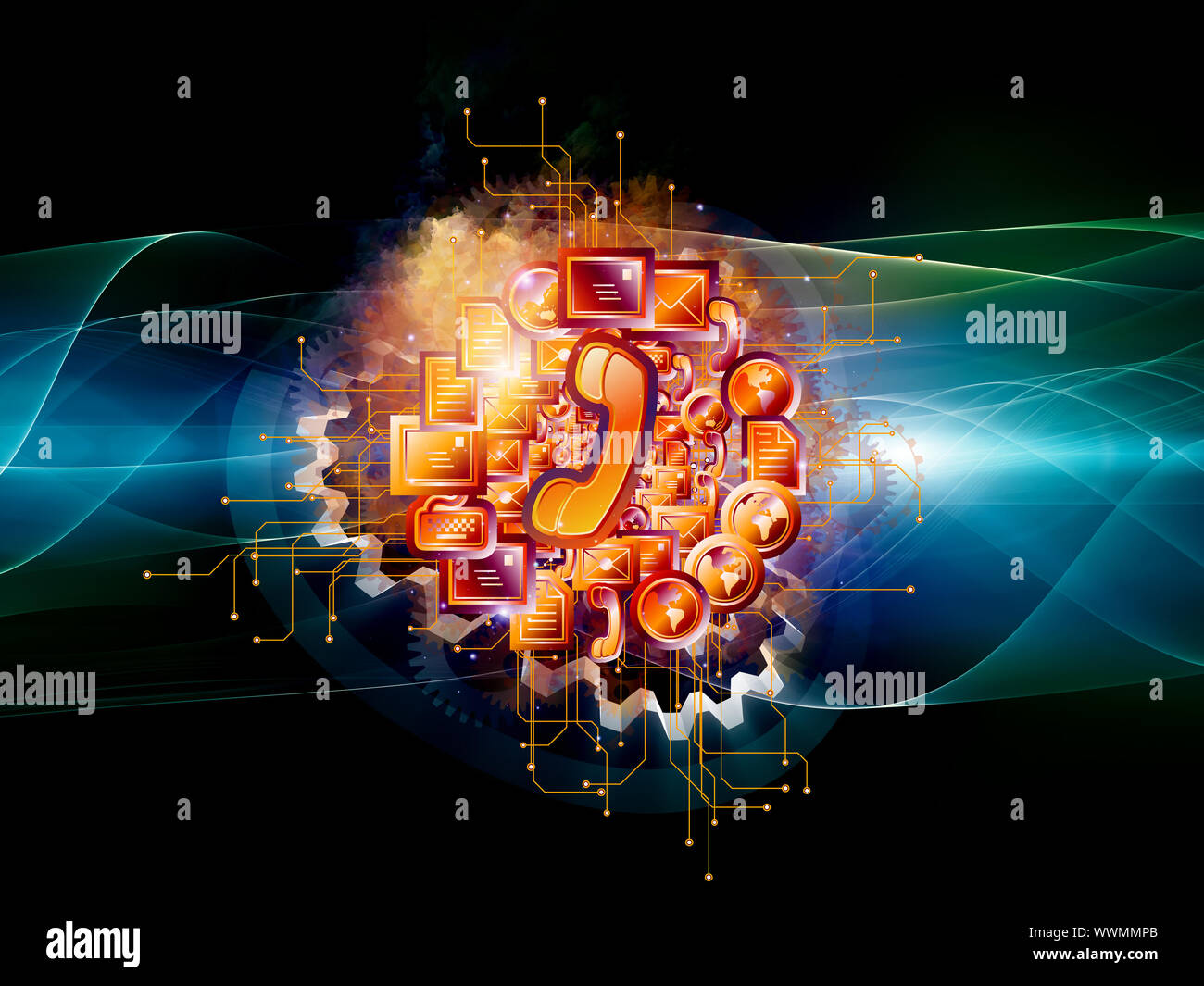 Backdrop composed of communication symbols, gears and abstract design ...