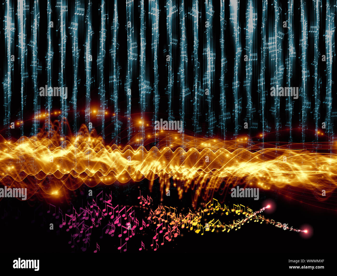 Interplay of sine waves, musical notes, lights and abstract design ...