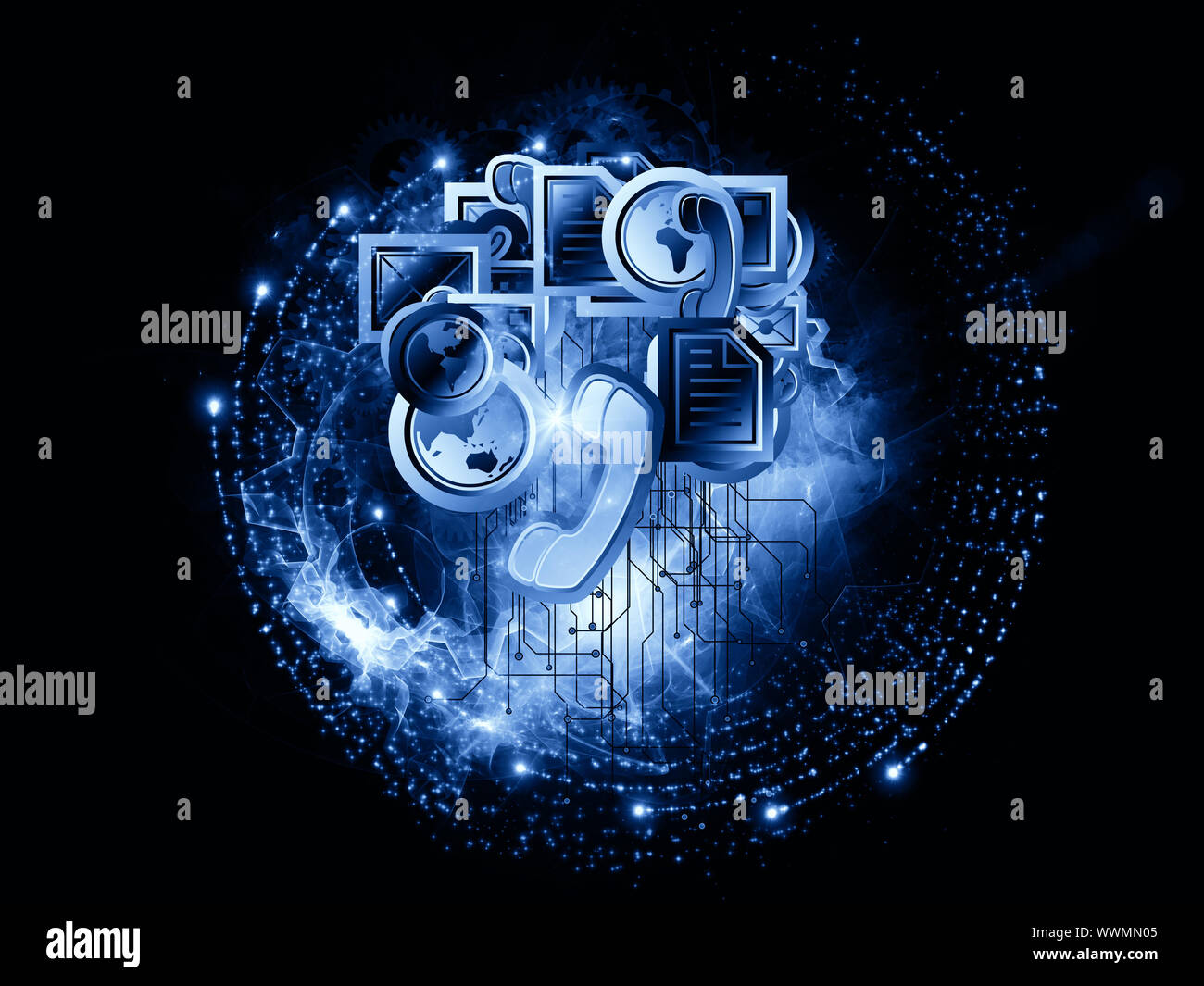 Composition of communication symbols, gears and abstract design ...