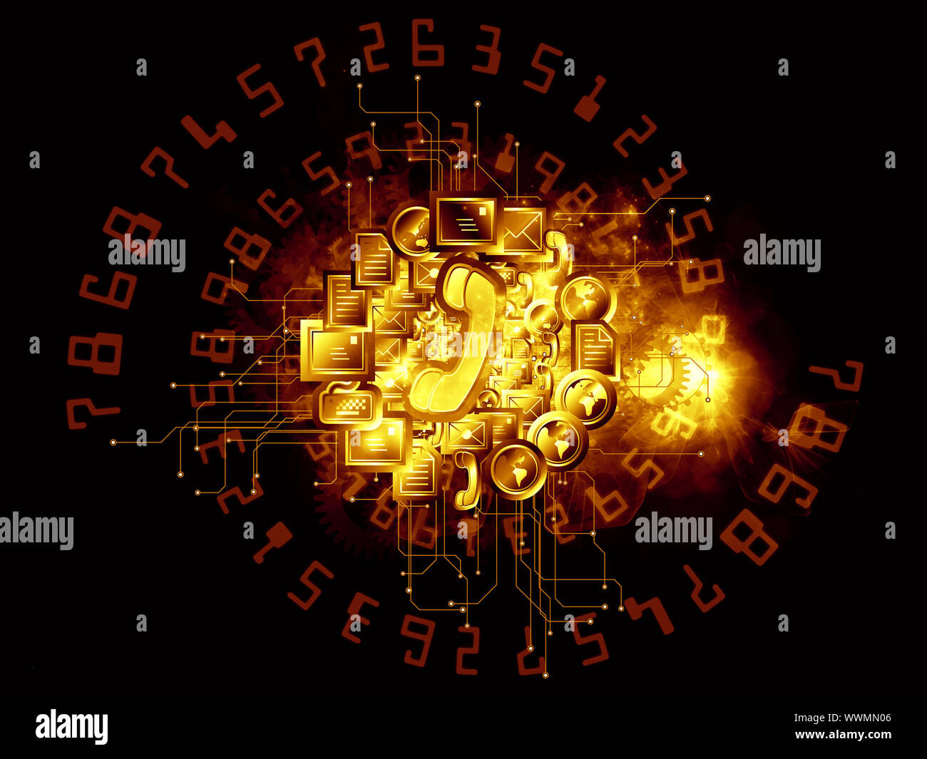 Backdrop composed of communication symbols, gears and abstract design ...