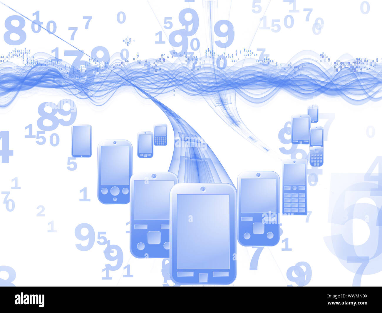 Rendering of cellular phones, numbers and abstract design elements on ...