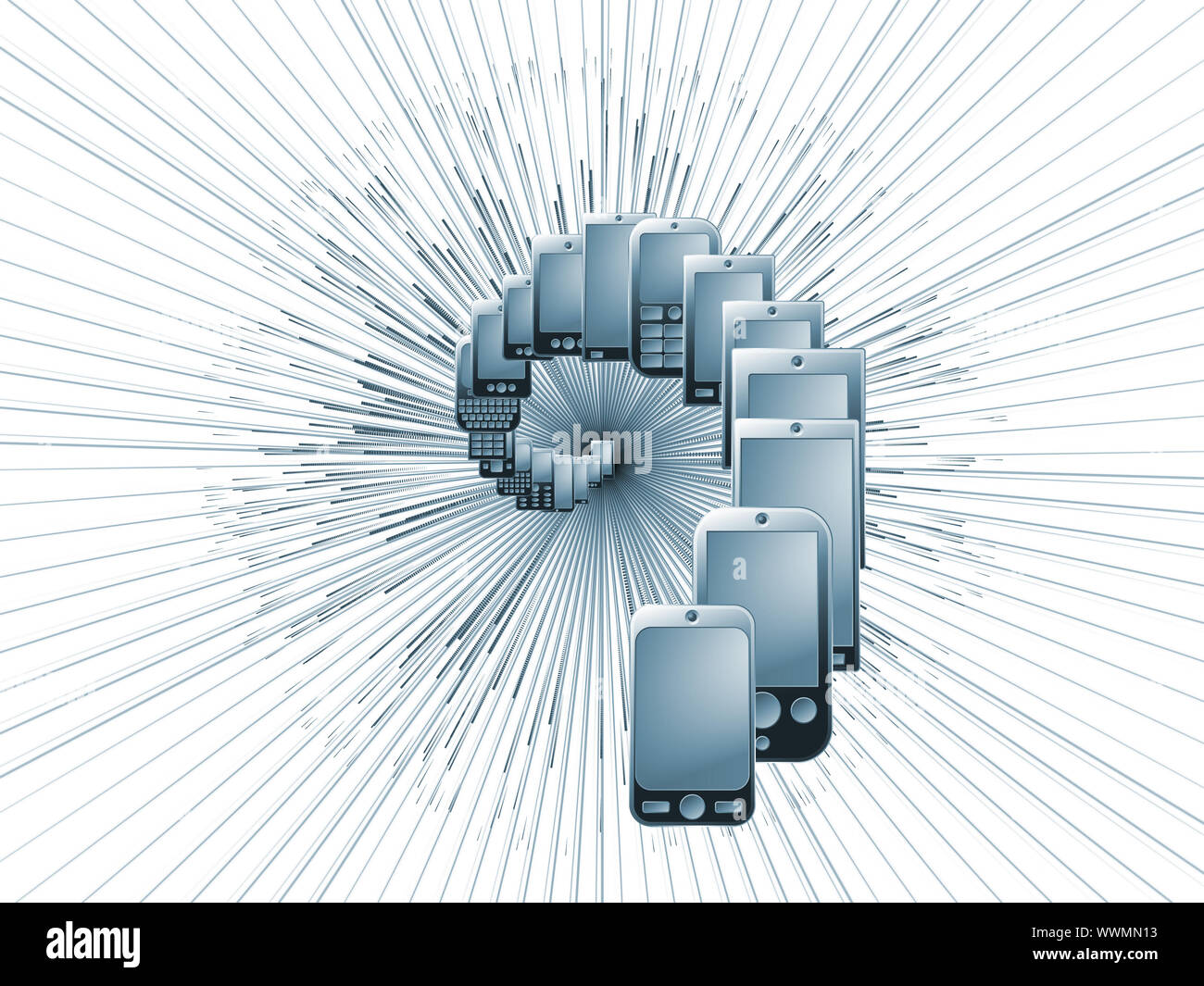 Rendering of arrangement of cellular phones against linear burst ...