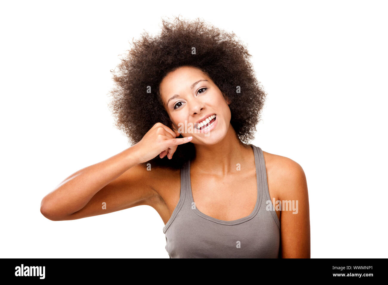 Beautiful Afro-American woman showing the call sign, isolated on white ...