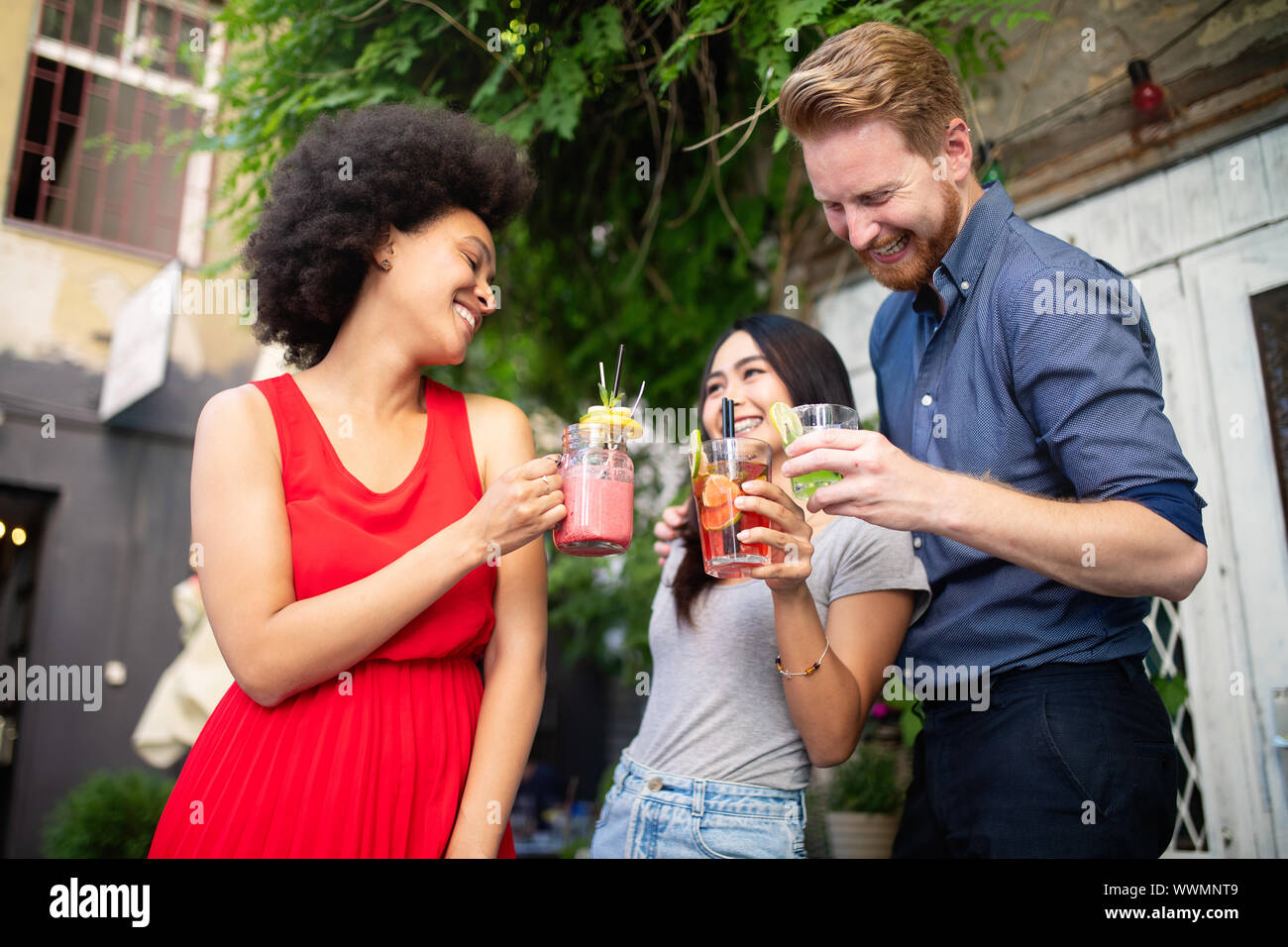 Group of friends having fun together. People talking laughing and ...