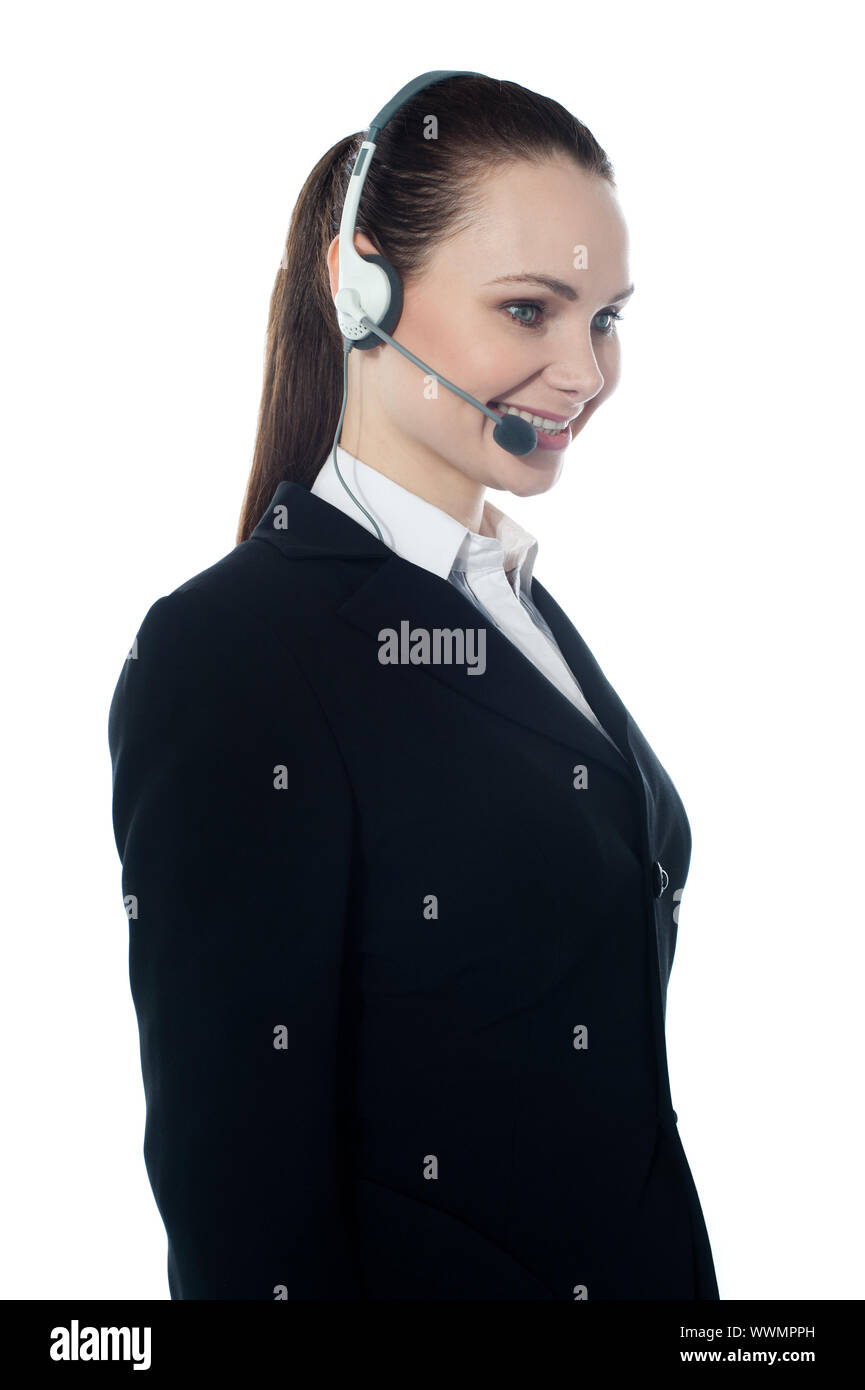 Beautiful help-desk female executive isolated over white Stock Photo ...