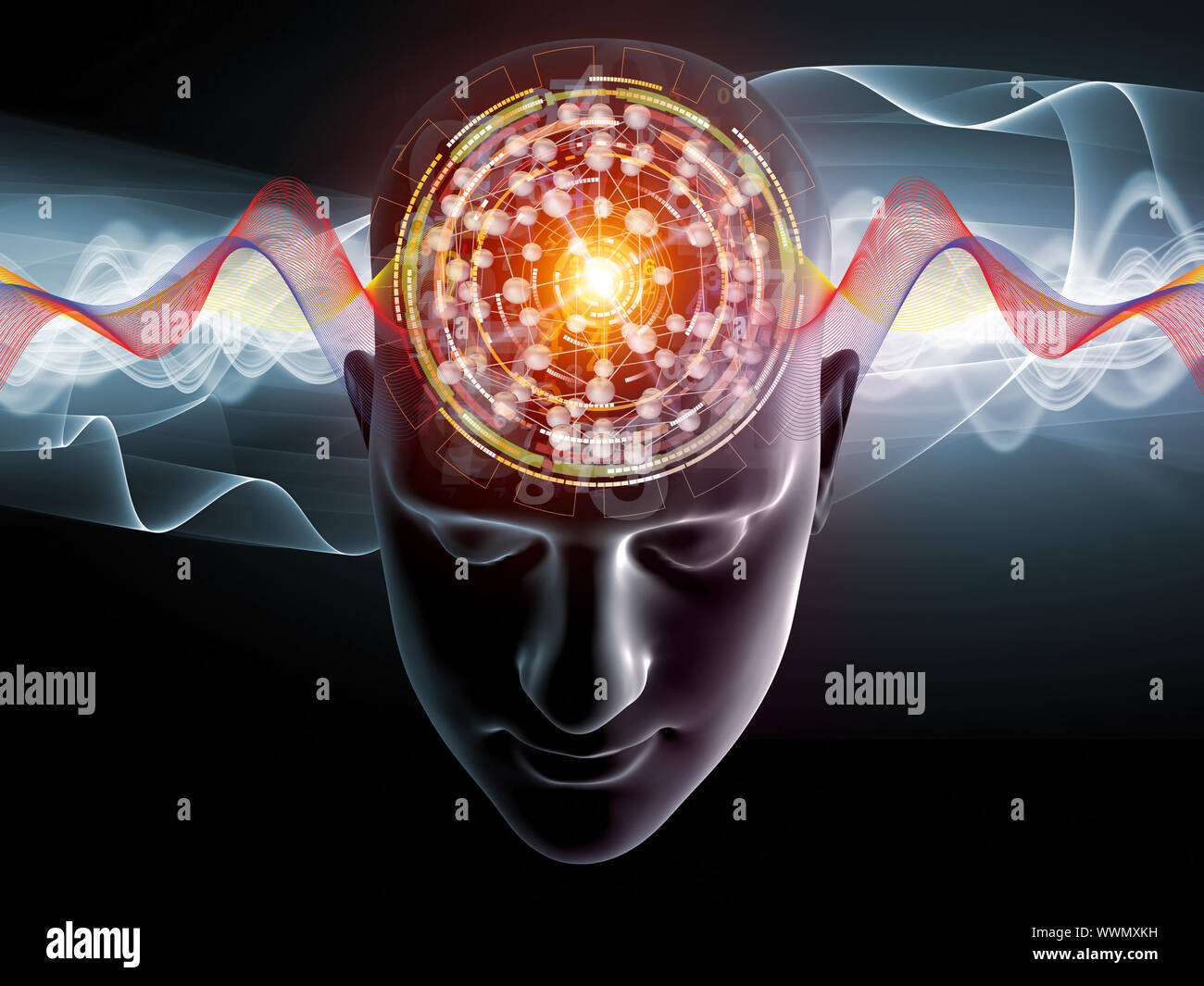 Collage of human head, molecules and various abstract elements on the ...