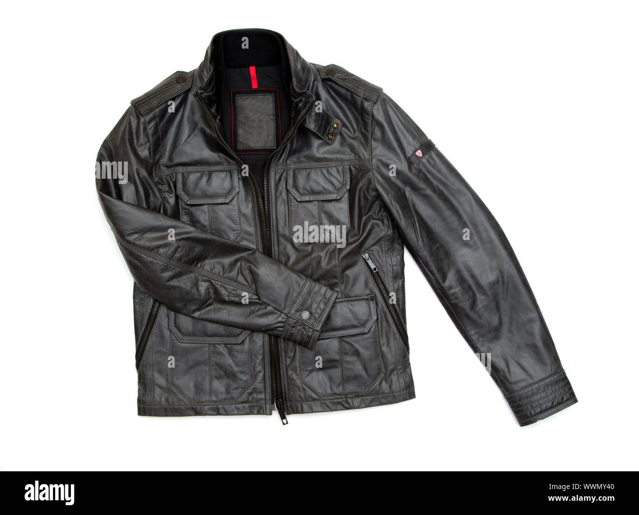 black leather jacket isolated on white background Stock Photo - Alamy