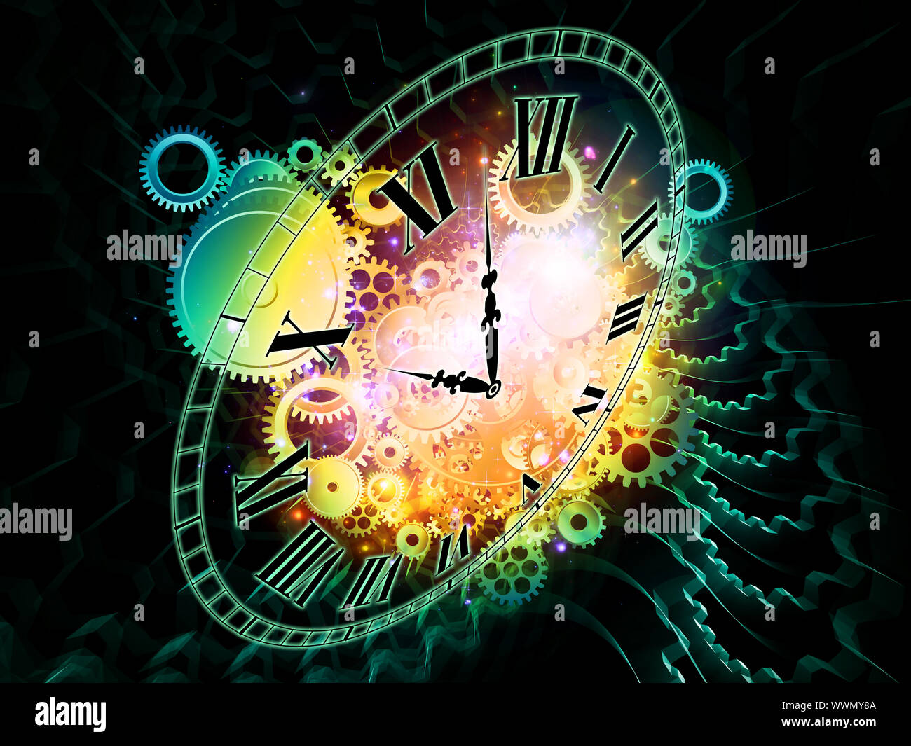 Composition of clock hands, gears and abstract design elements as a ...