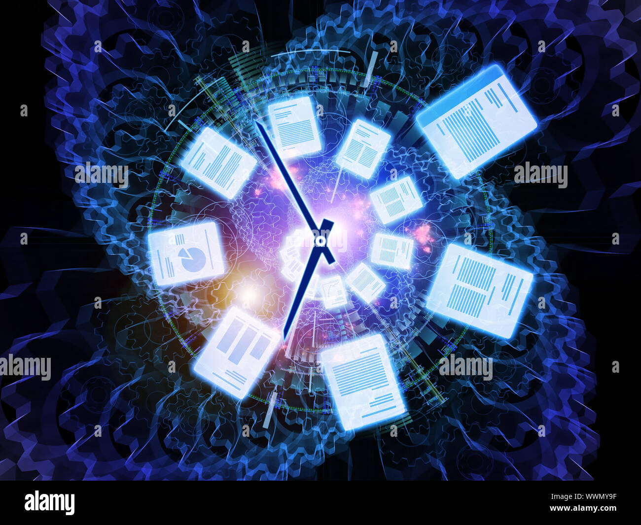 Composition of document icons, lights and abstract design elements ...