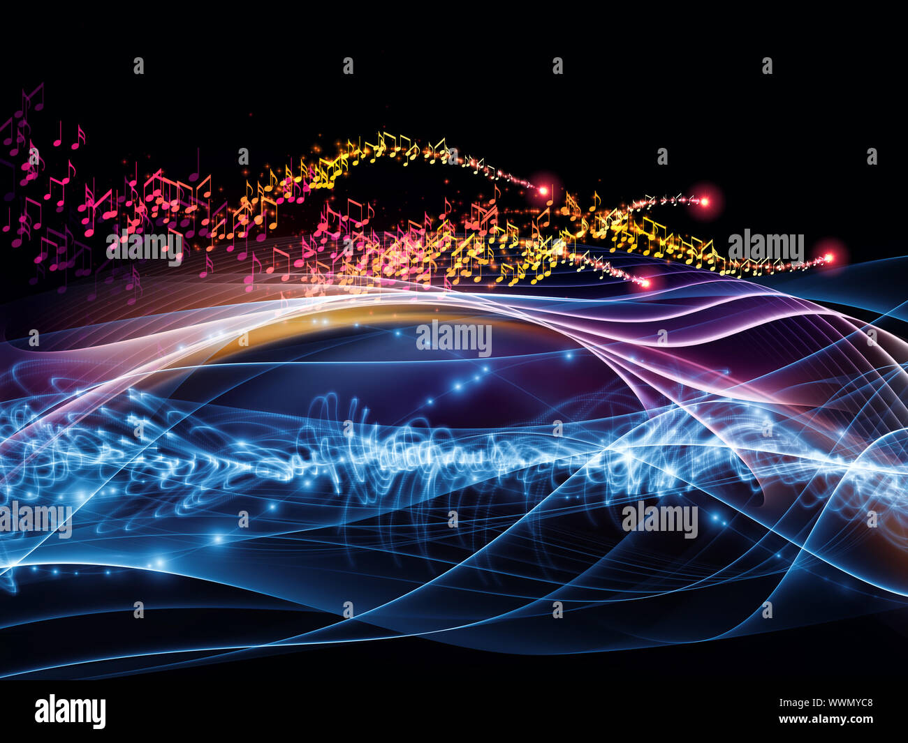 Interplay of sine waves, musical notes, lights and abstract design ...