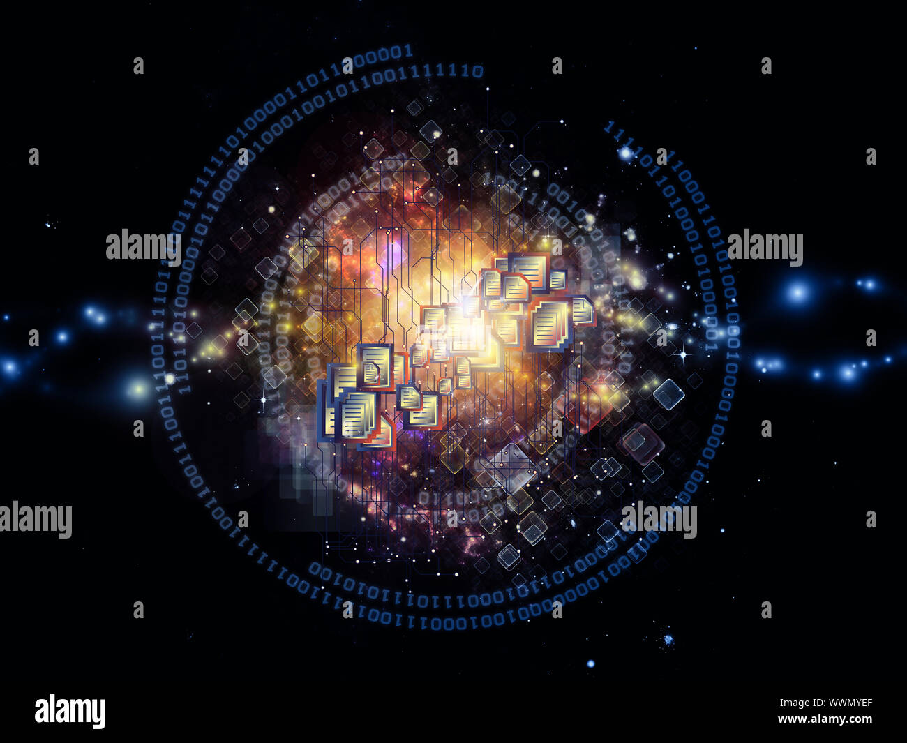 Composition of document symbols, lights and abstract technology ...