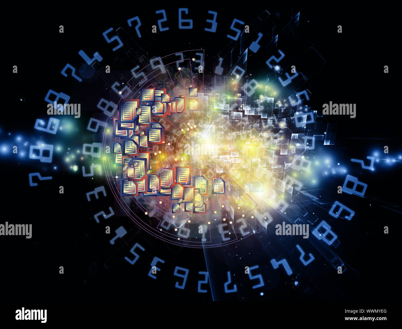 Composition of document symbols, lights and abstract technology ...