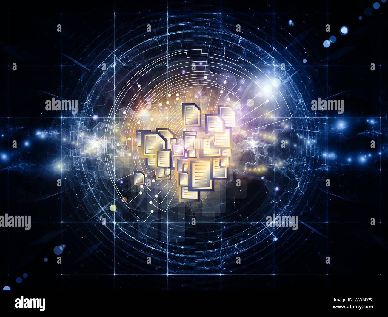 Design composed of document symbols, lights and abstract technology ...