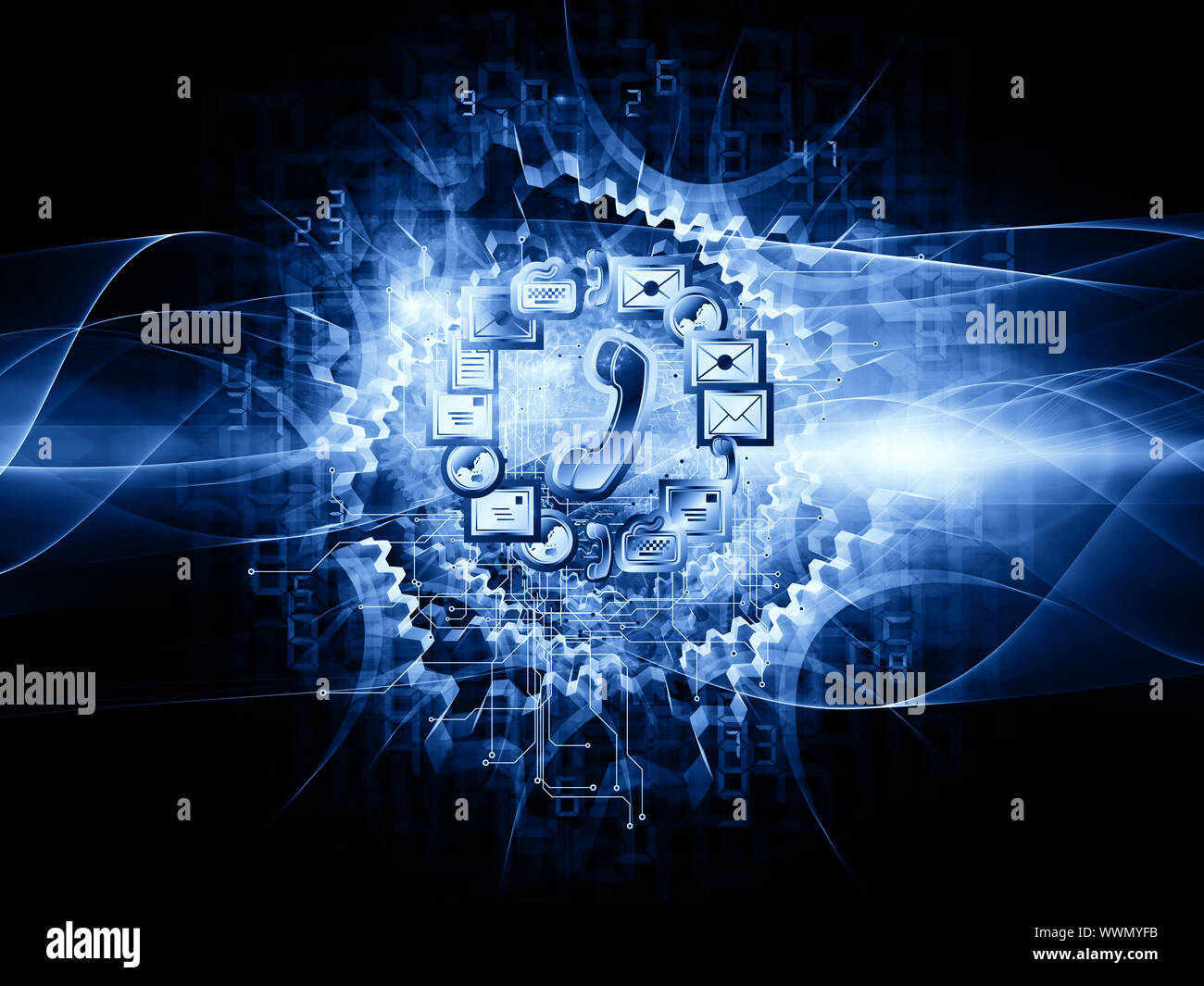 Communication symbols, gears and abstract design elements arrangement ...