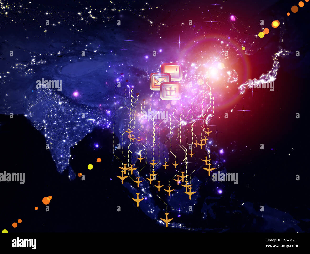 Rendering of city light map (courtesy of NASA), abstract lights and ...