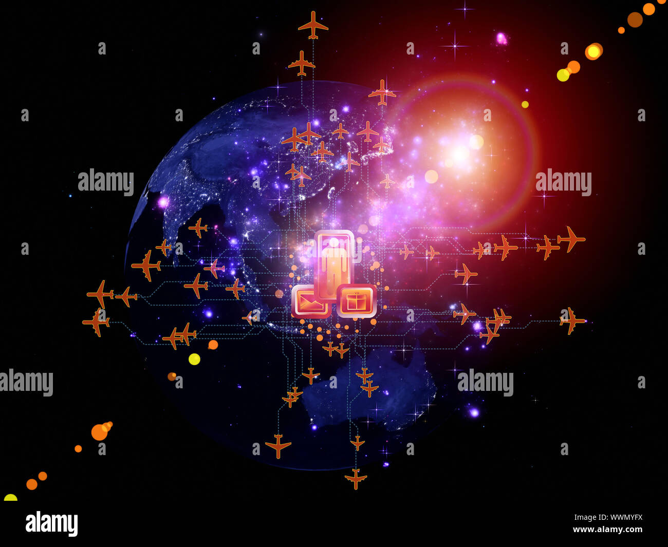 Rendering of city light map (courtesy of NASA), abstract lights and ...