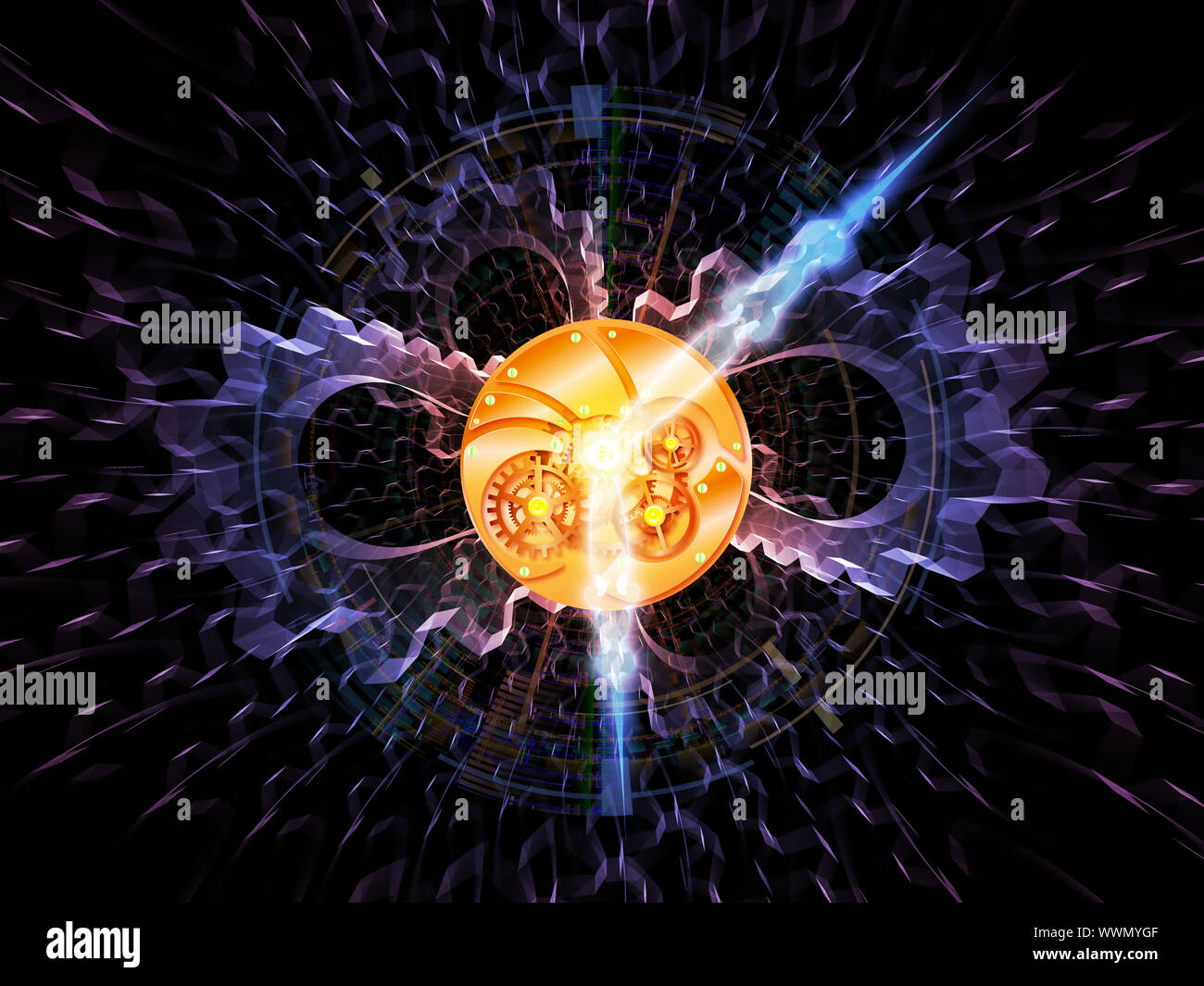 Design composed of clock hands, gears, lights and abstract design ...