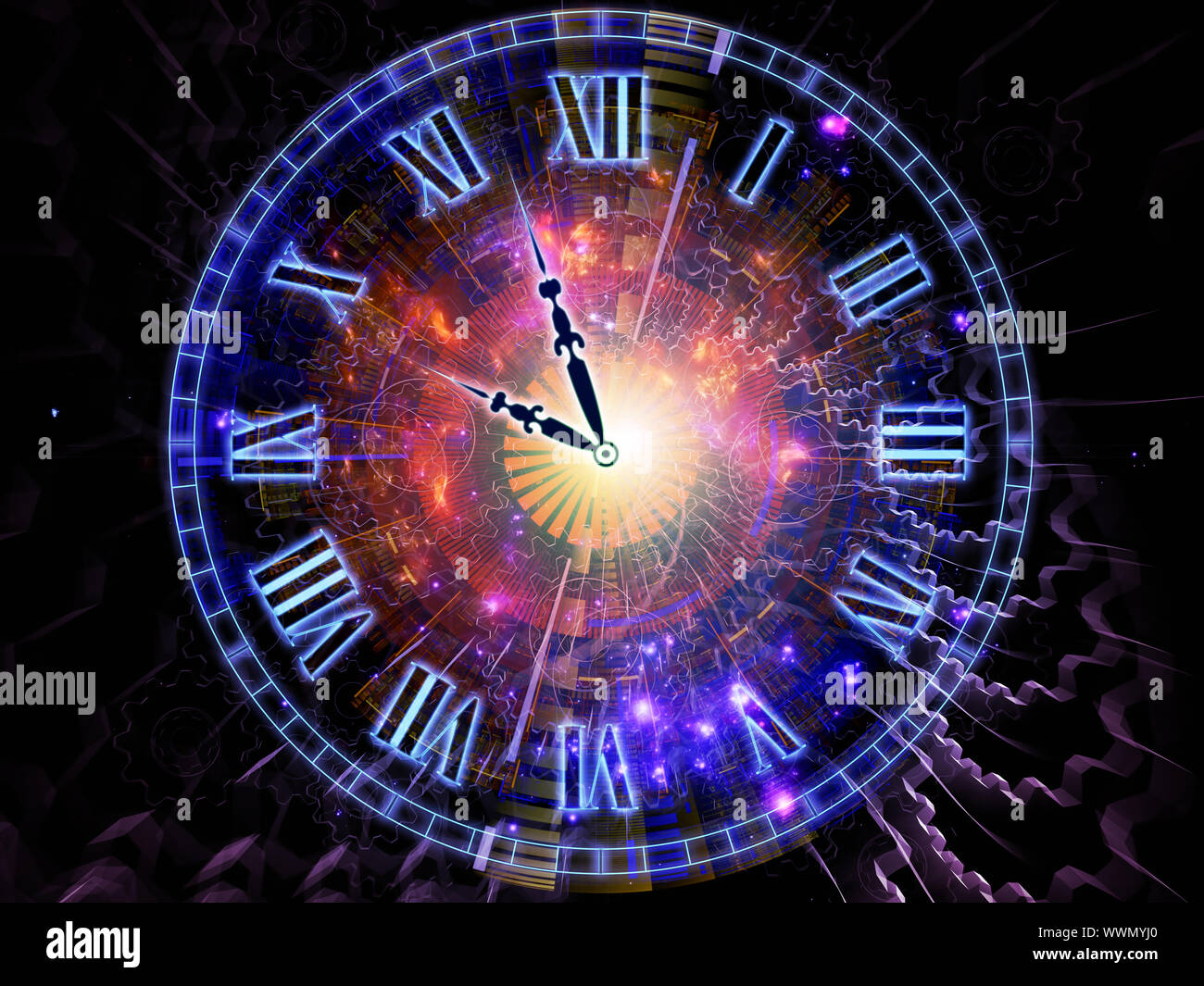 Design composed of clock hands, gears, lights and abstract design ...