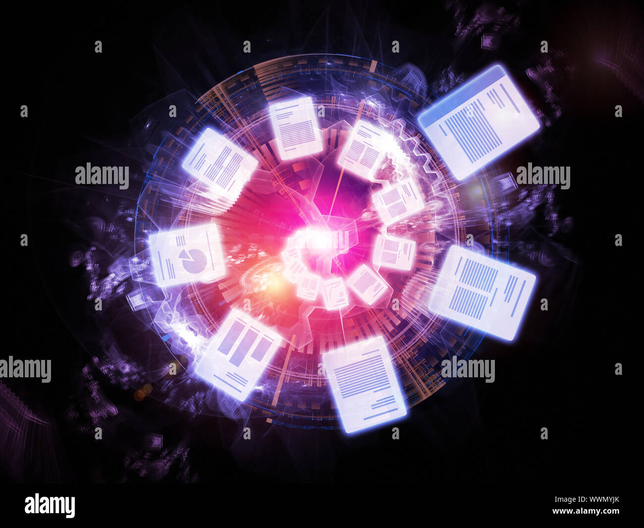 Design composed of document icons, lights and abstract design elements ...