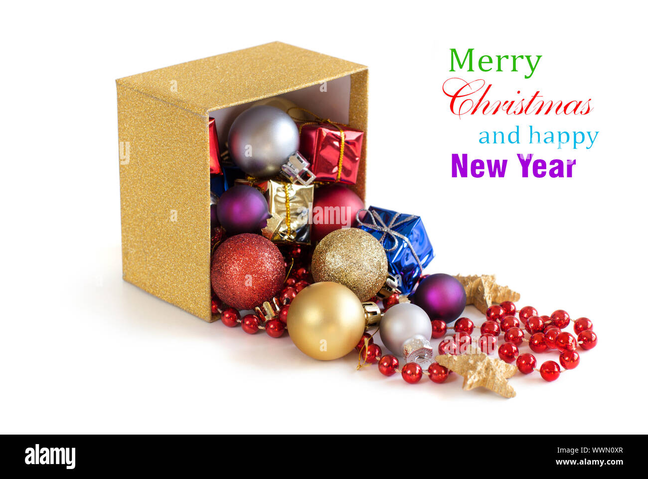 Colorful Christmas decorations - baubles, garland and gift box Stock ...