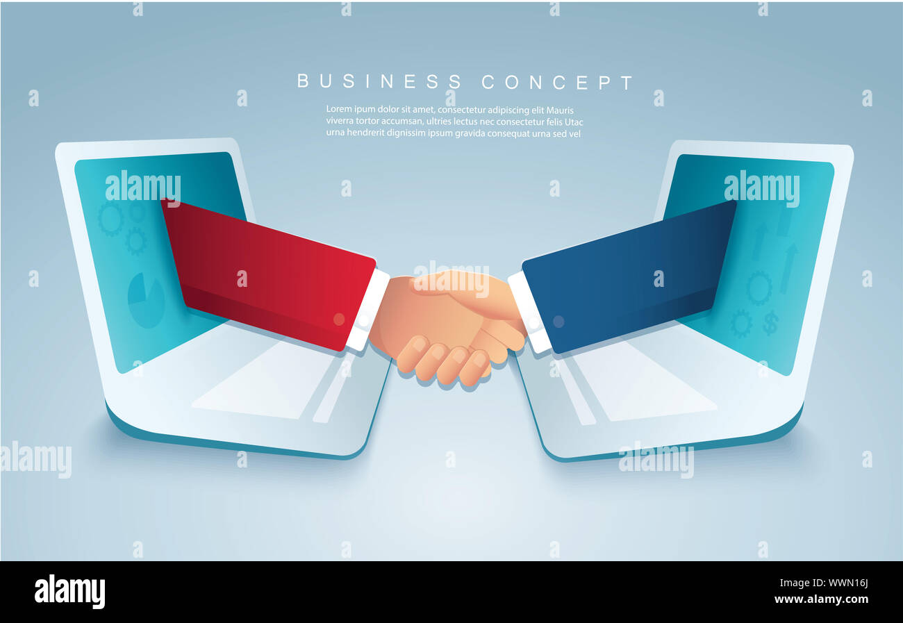 Man reaching handshake through laptop hi-res stock photography and ...