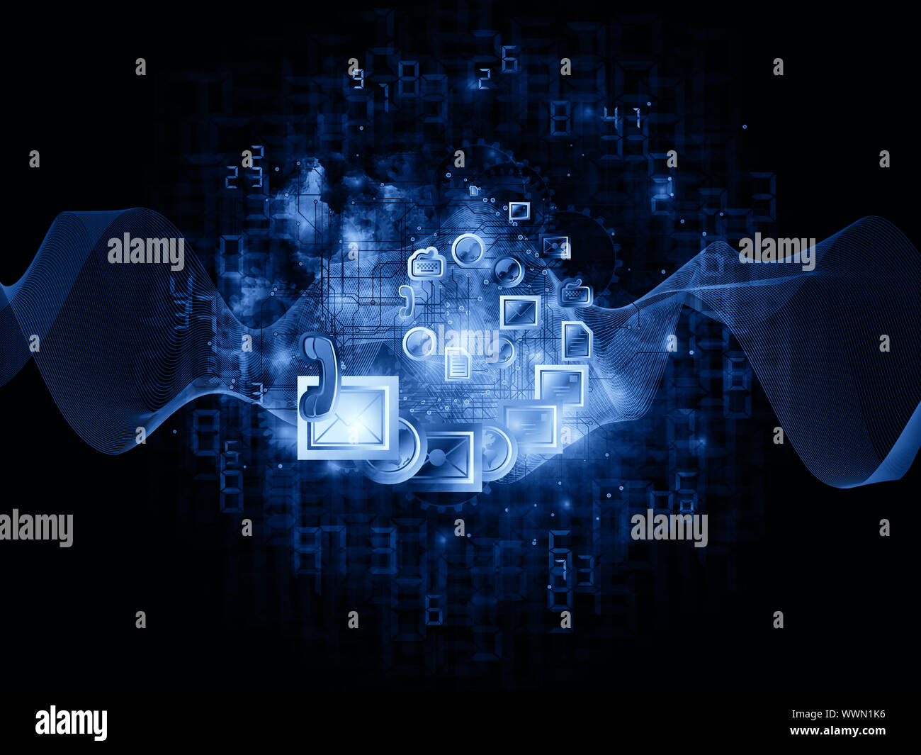 Composition of communication symbols, gears and abstract design ...