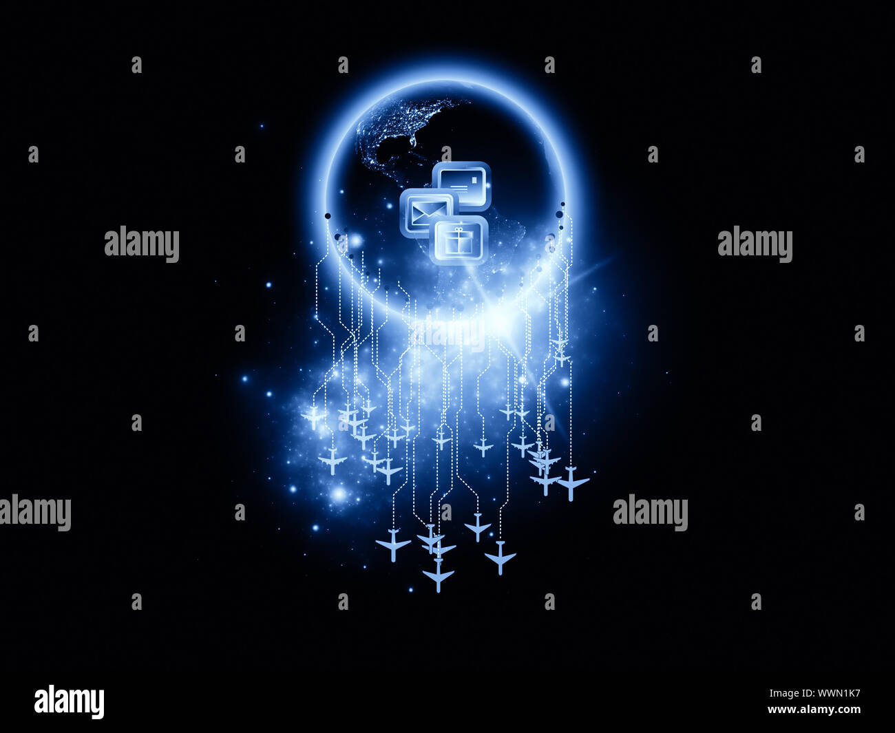 Rendering of city light map (courtesy of NASA), abstract lights and ...